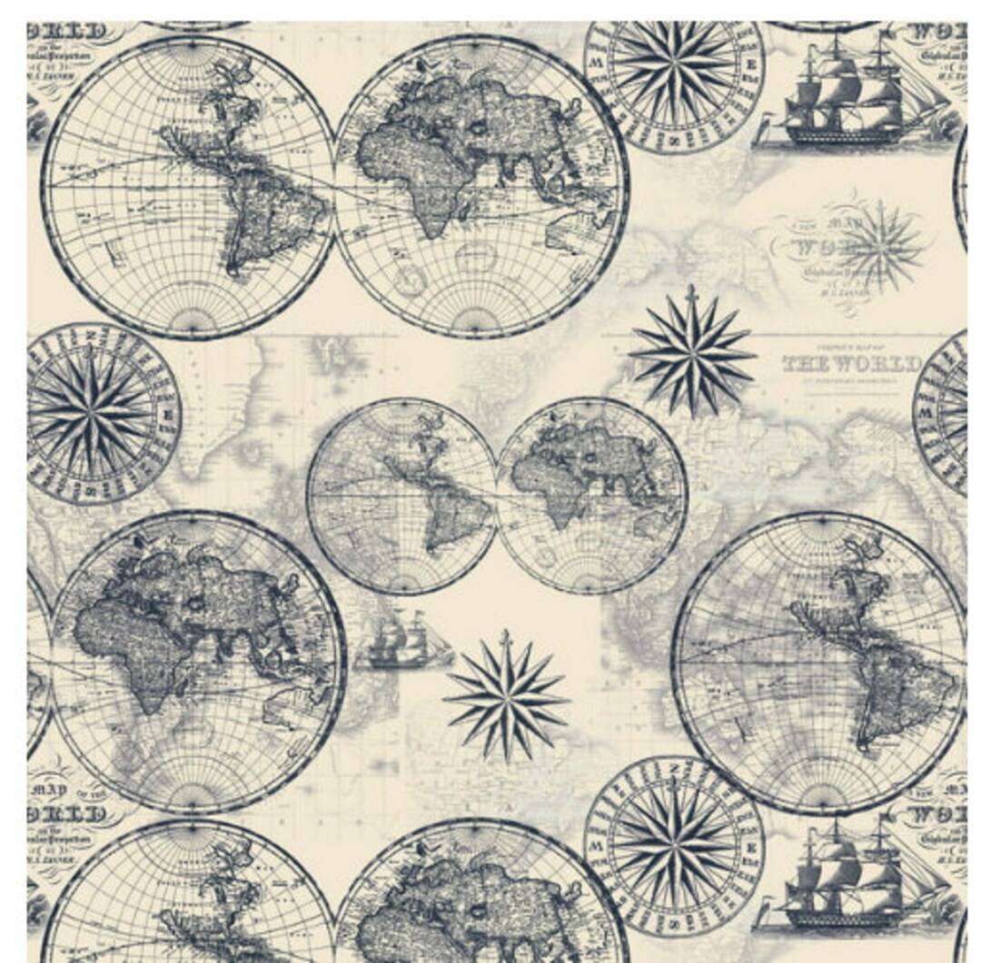 David Textiles 1 Yard Precut - OCEAN MAPS on off White Print 100% ...