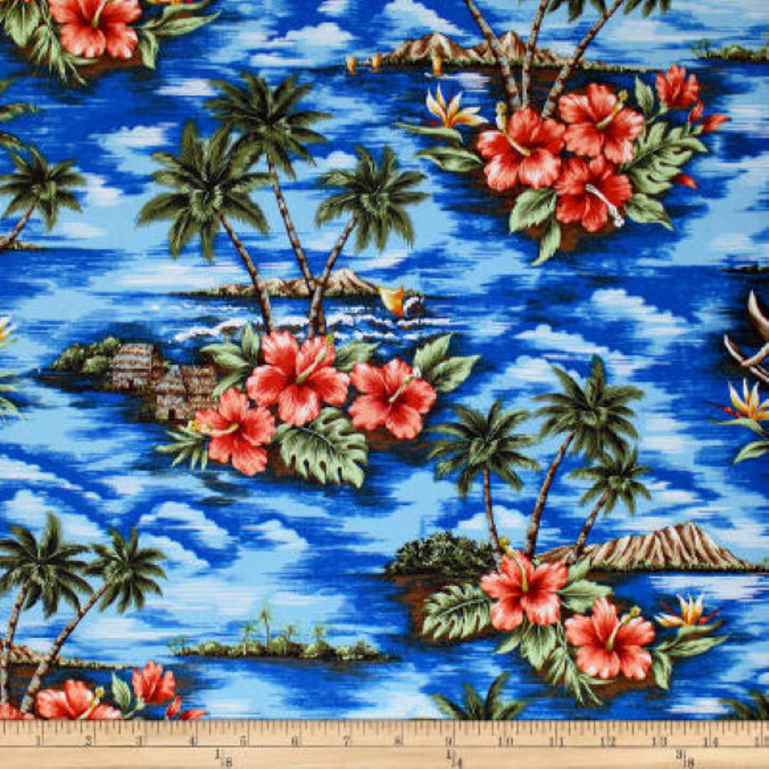BTY Trans-pacific Textiles DESERTED PARADISE on Blue Print 100% Cotton ...