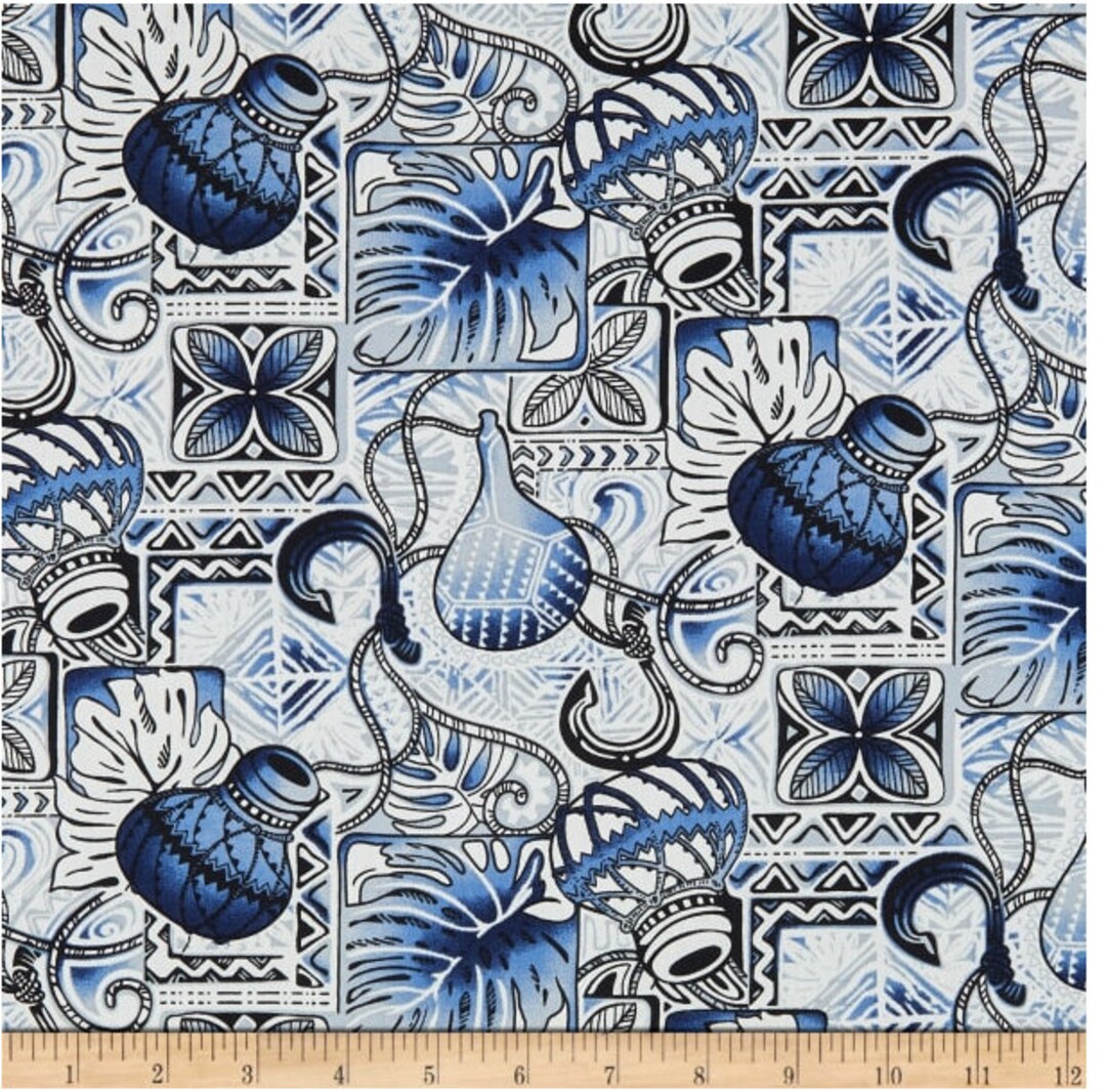 BTY Trans-pacific Textiles Island Style GONE FISHING Blue Print 100% ...
