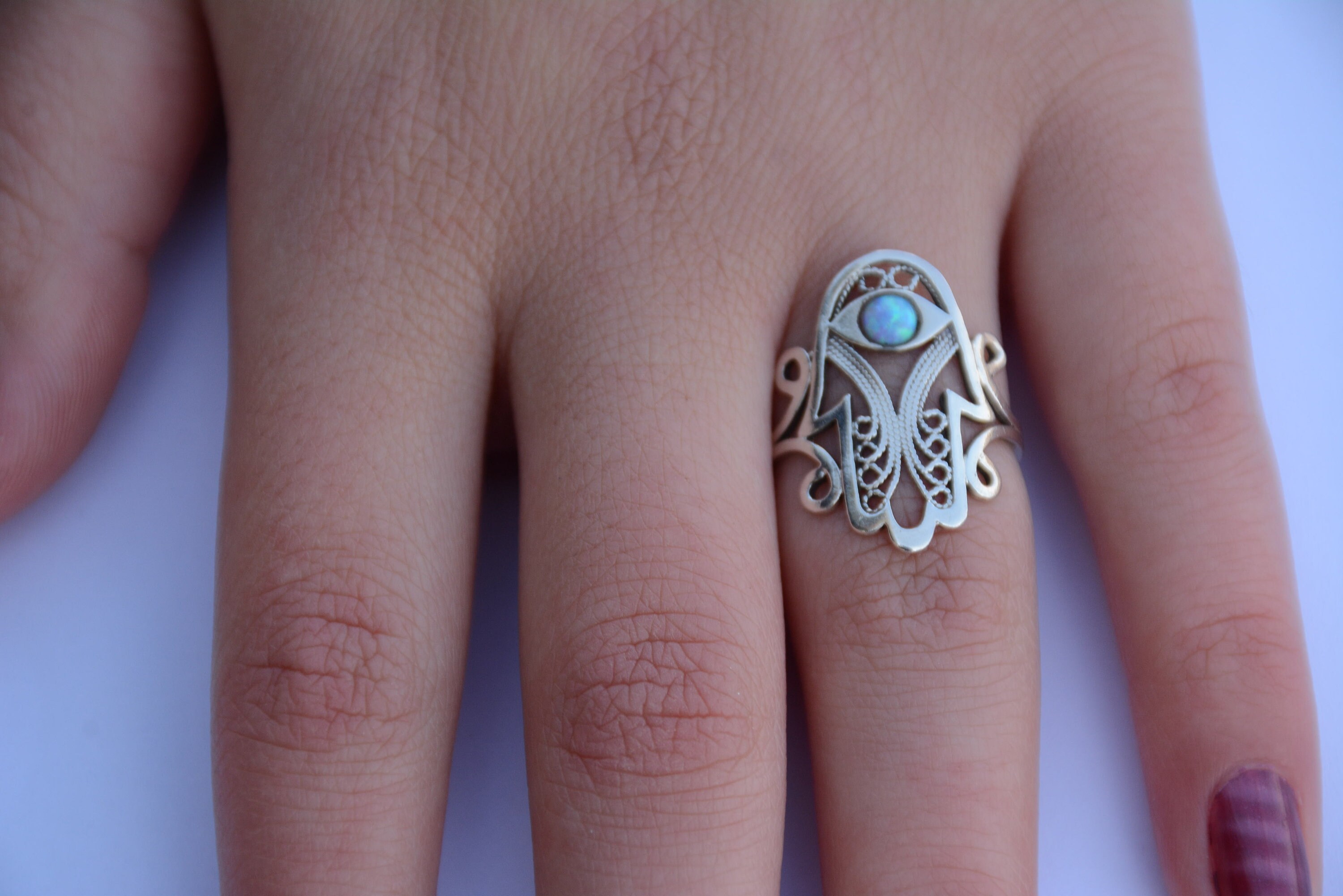 Silver Hand of God Ring, Opal Hamsa Ring - Etsy