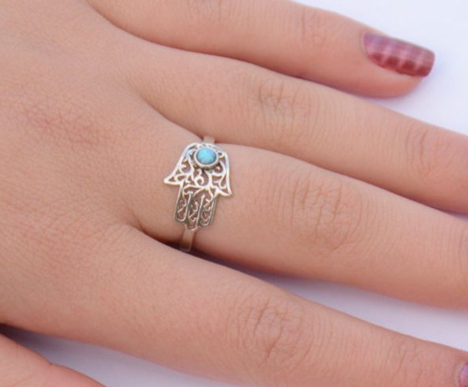 Hand of God Ring Silver Opal Hamsa Ring - Etsy
