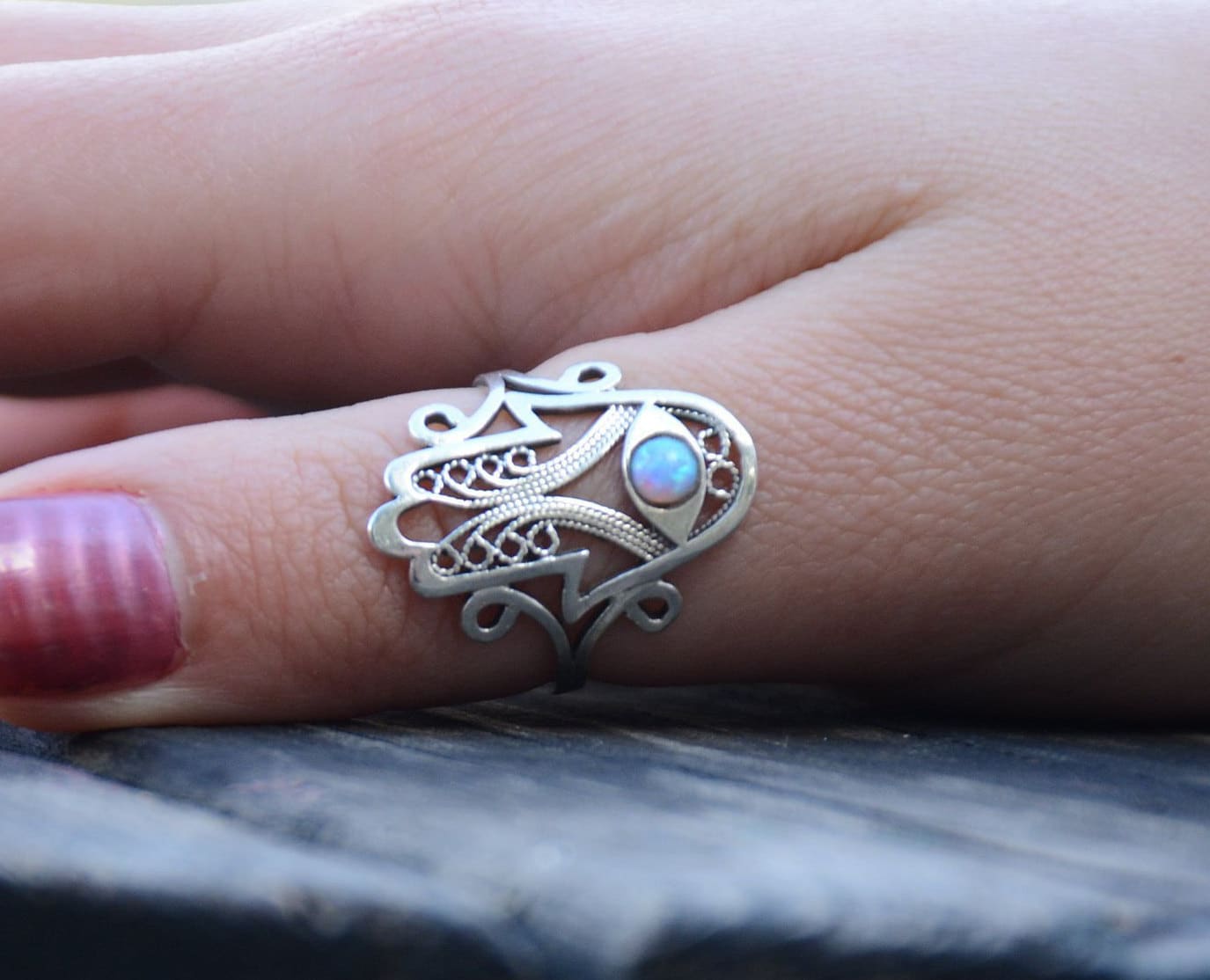 Boho ring Sterling silver opal ring | Etsy