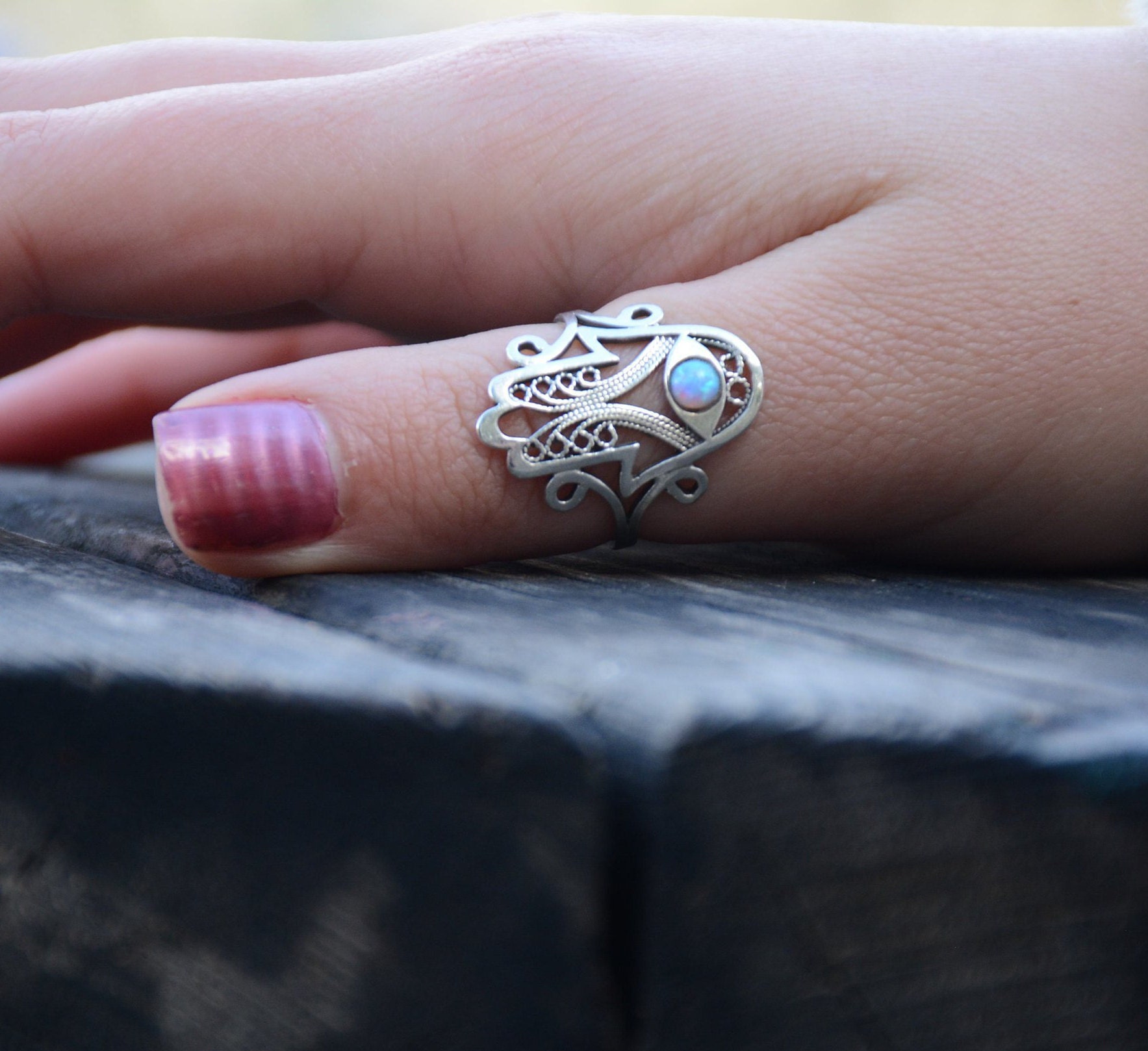 Boho ring Sterling silver opal ring | Etsy