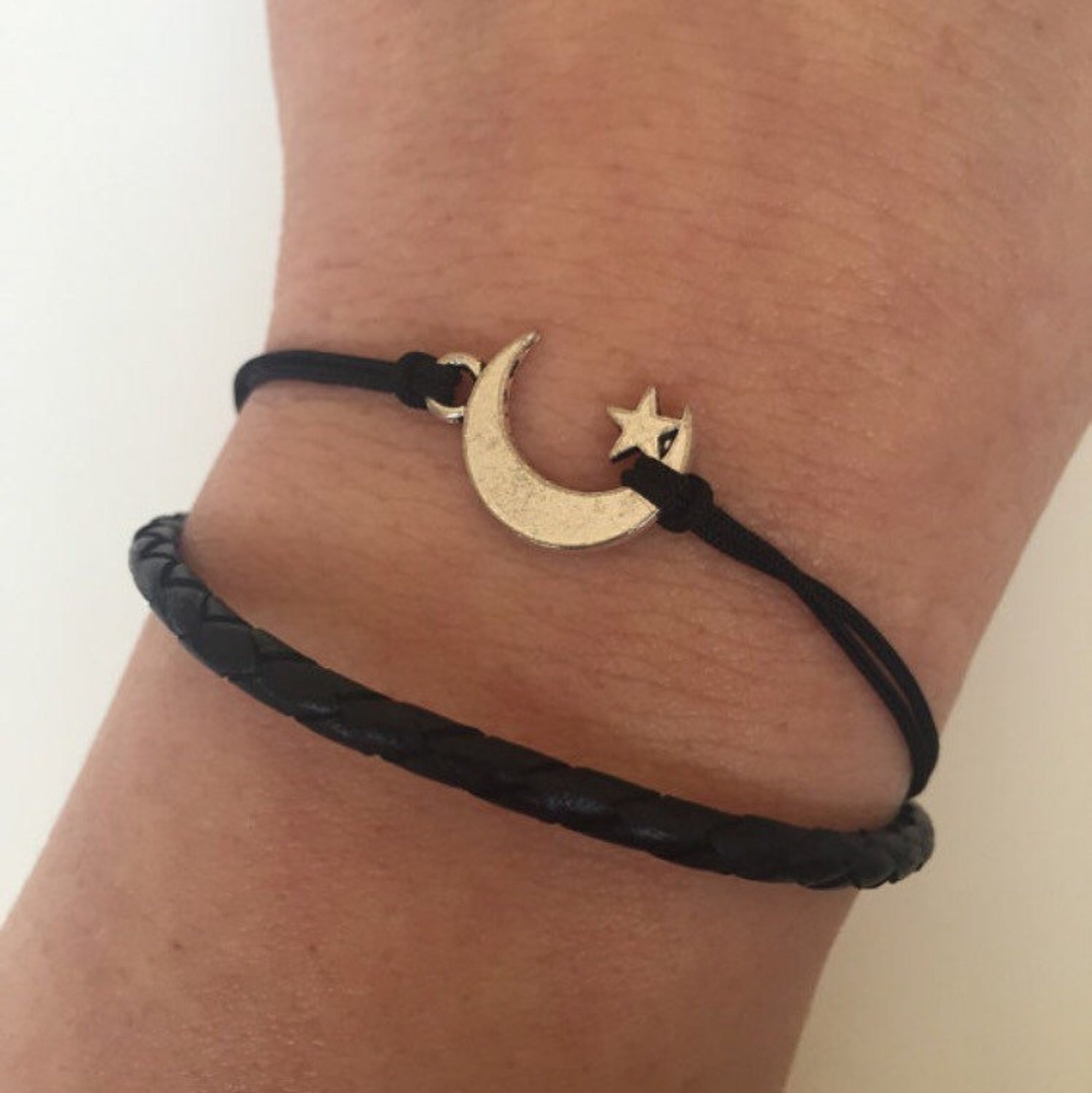 Moon Leather Bracelet 309 Friendship Cuff Moon Star Bracelet - Etsy