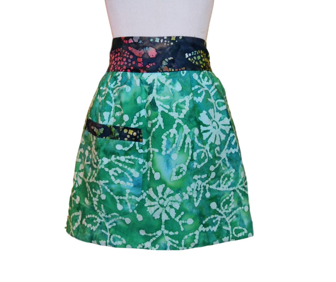 Indonesian Batik Half Apron in Blue-green & Aqua Floral Design Women's ...