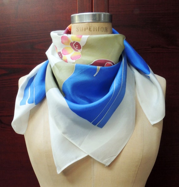 Vintage "Batik Asian Floral" Scarf: Retro Head Cover … - Gem