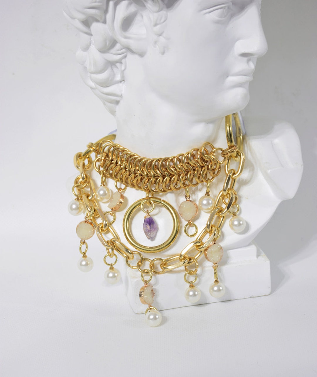 Gold Chainmail Neck Collar With Thick O-ring Amethyst Stone - Etsy