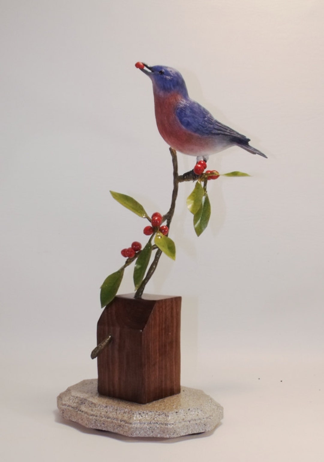 Eastern Bluebird Full Size on Hand Made Base With Holly - Etsy