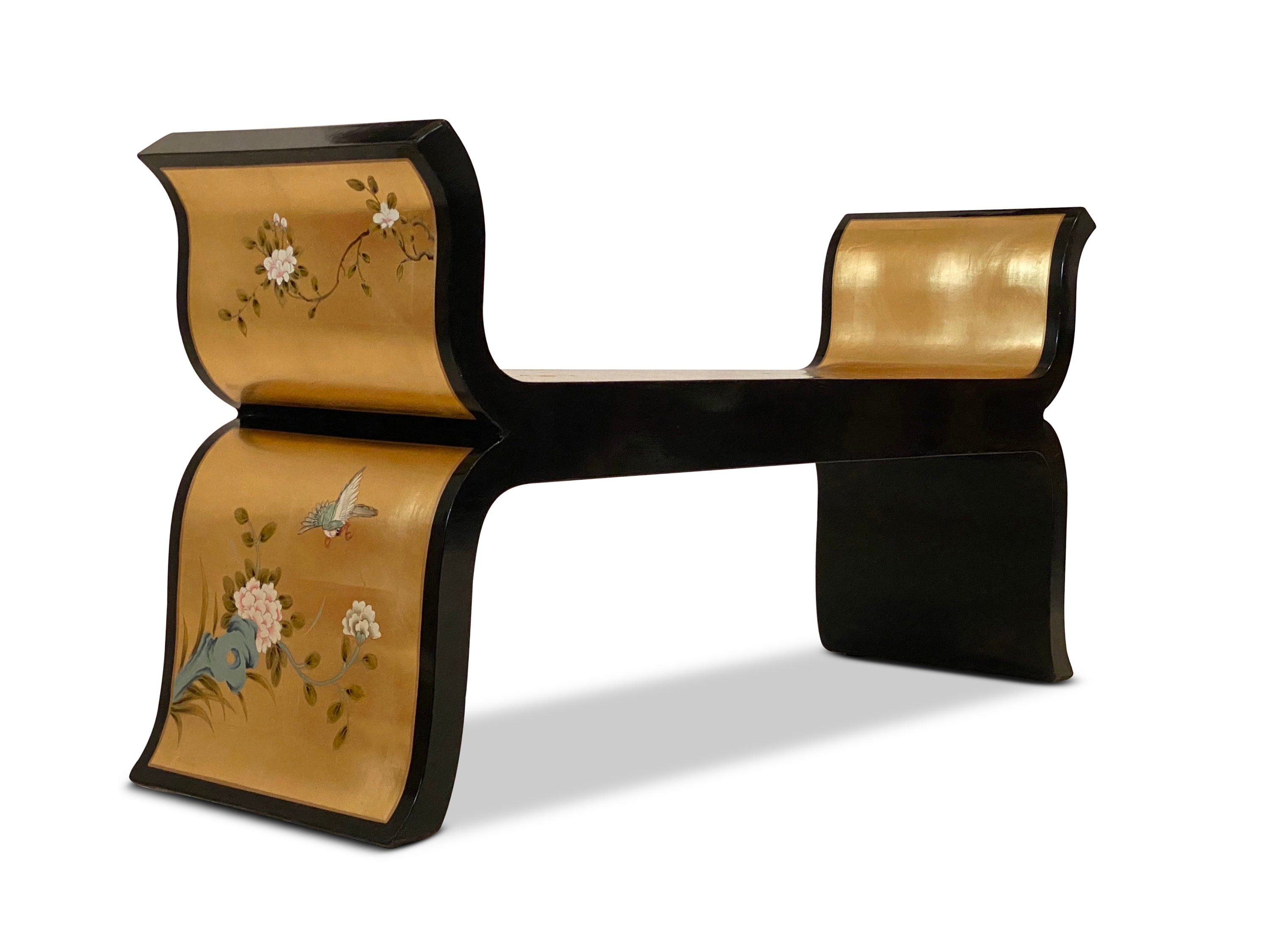Vintage Chinoiserie-Style Black Lacquered Bench - *Please ask for a ...