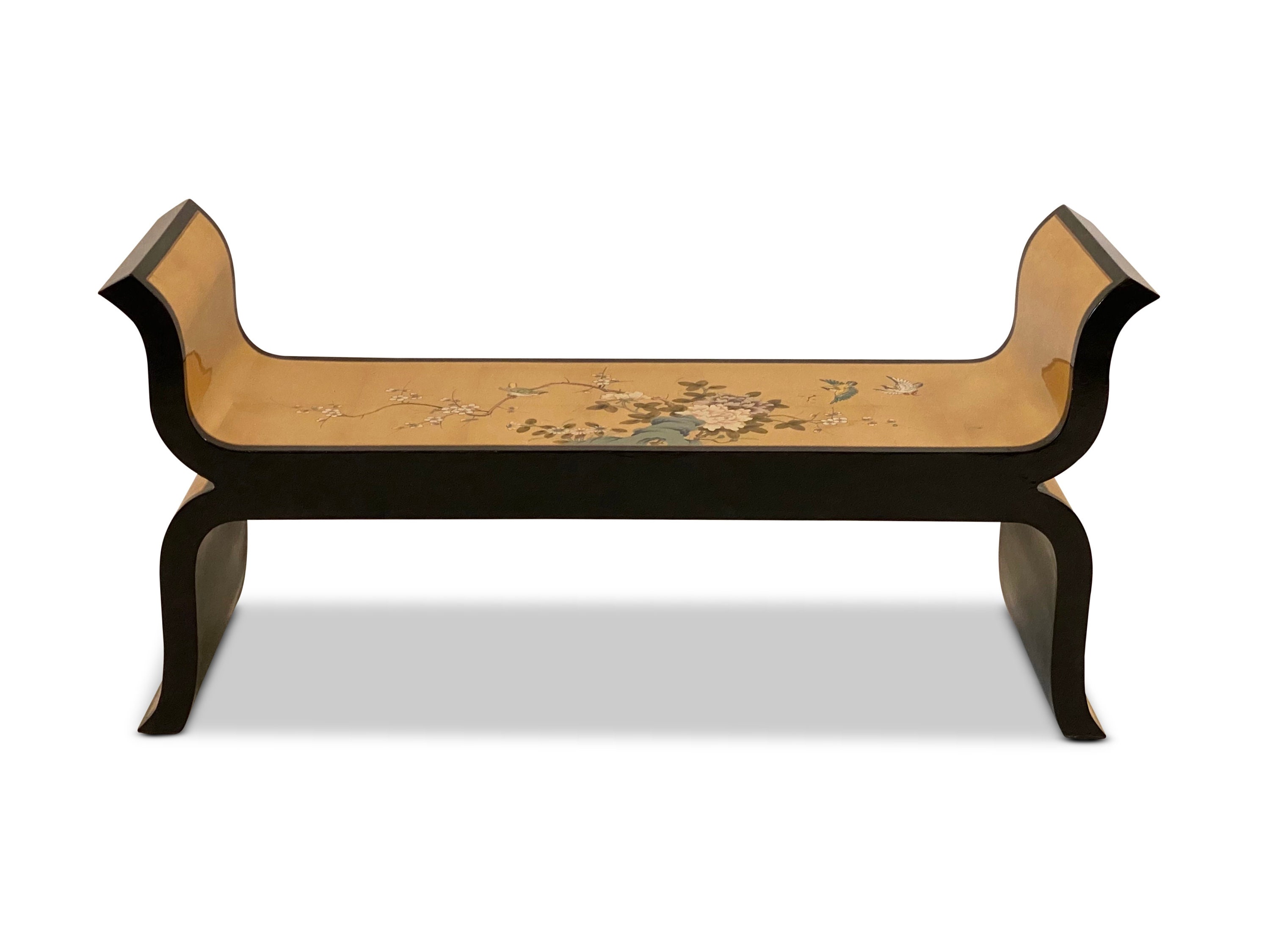 Vintage Chinoiserie-Style Black Lacquered Bench - *Please ask for a ...