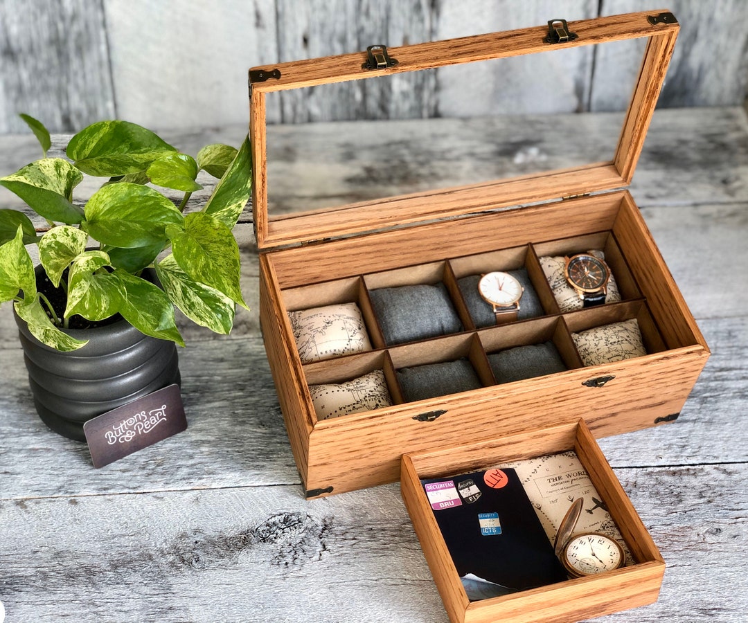 Watch Box / 8 Watch / Compartments / Glass Top / Valet Tray / Watch ...