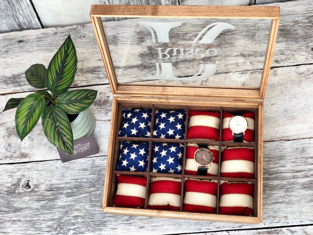 American Flag Watch Box: Glass Top, Wood Organizer, 12 Compartments - Etsy