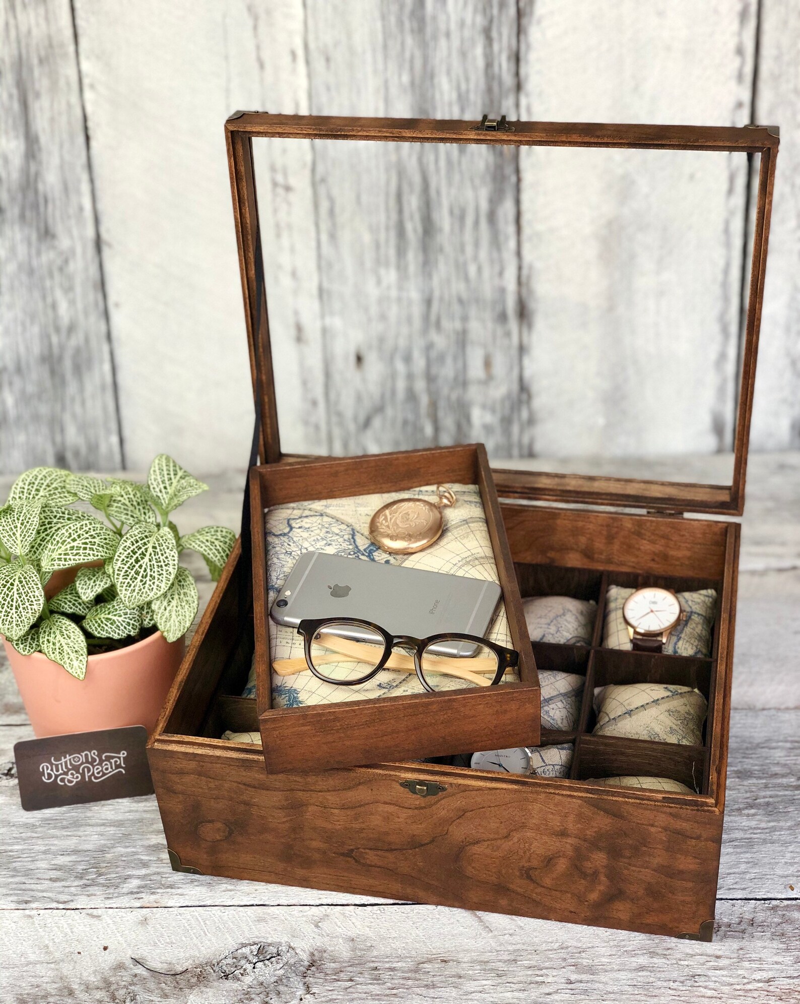 Handmade Wood Watch Box: Glass Top, 12 Compartments & Valet Tray - Etsy ...