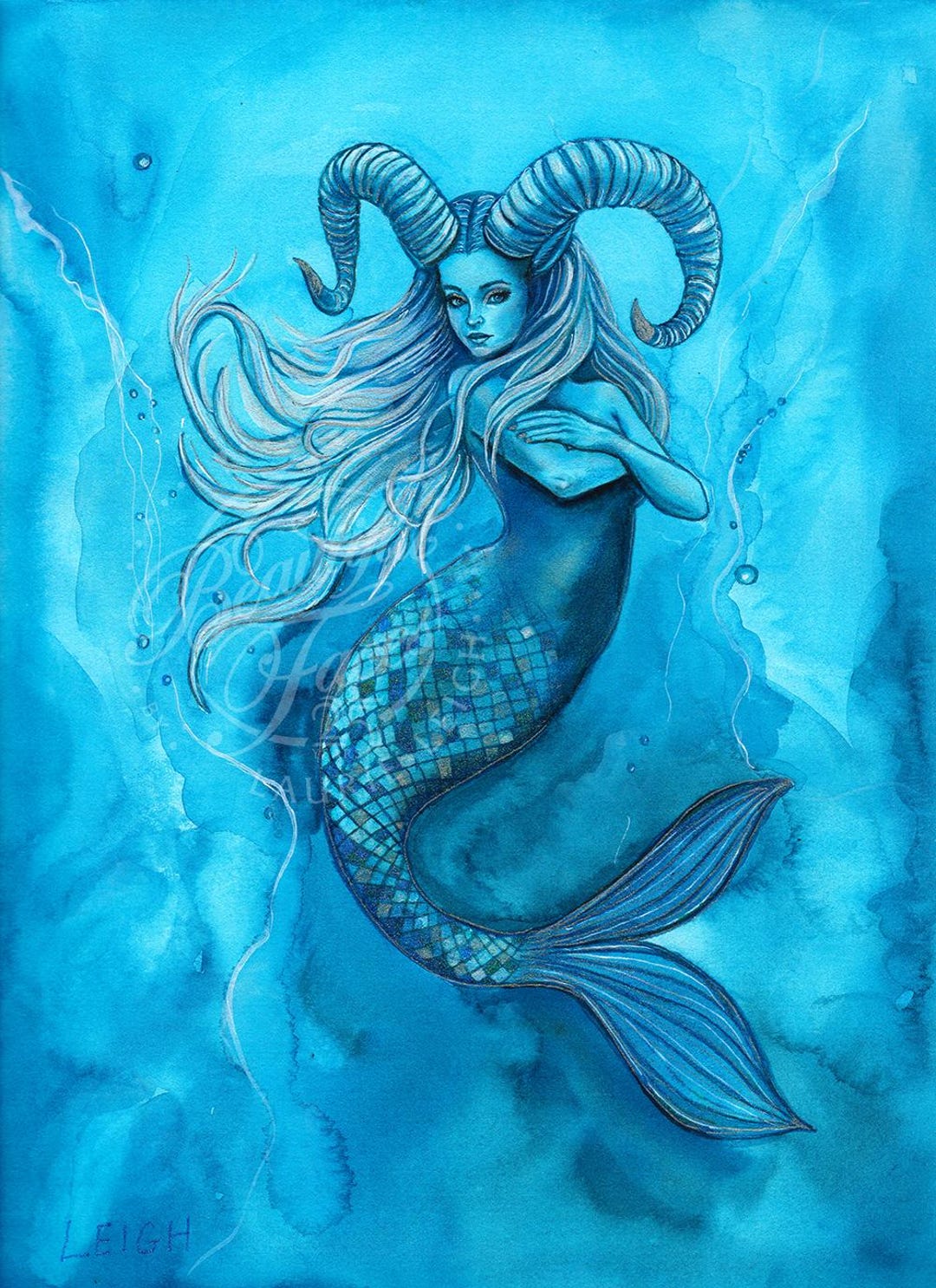 Aries Zodiac Print Mermaid Watercolor Painting Fantasy Art by Laurie ...