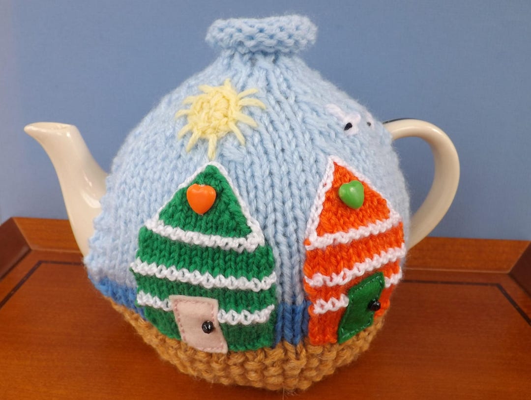 Hand-knitted Tea Cosy beach Huts. Novelty Tea Cosy. Summer Seaside ...
