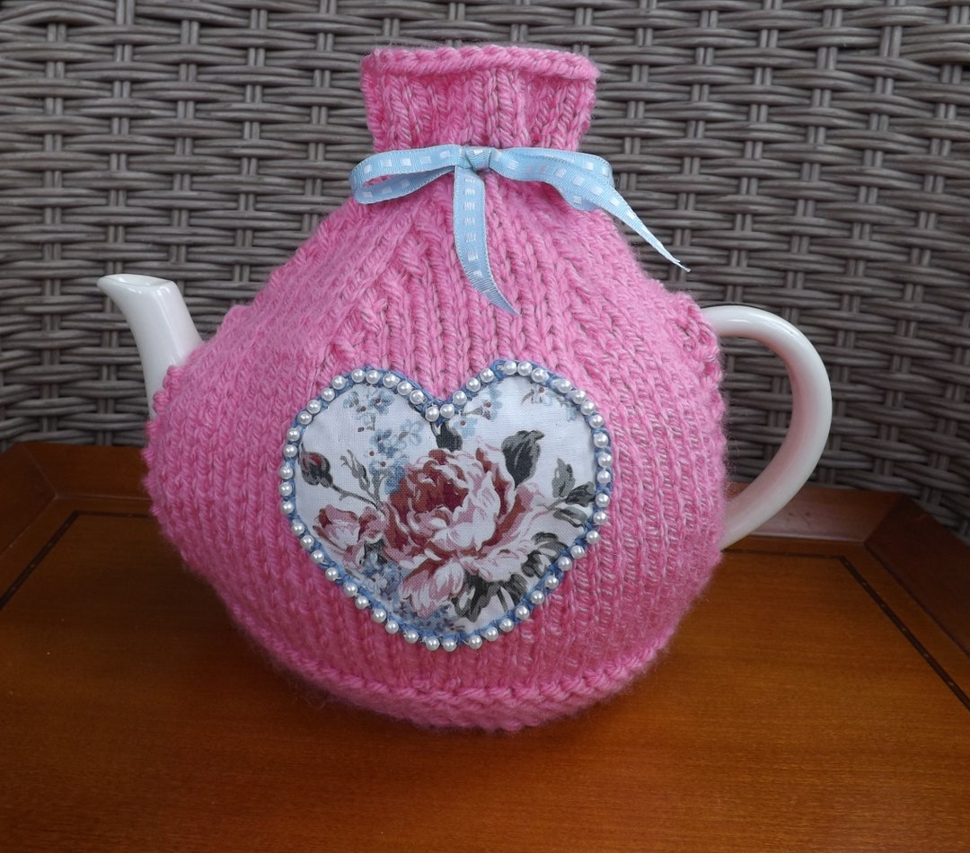 Hand-knitted Rose Tea Cosy: Pink Floral Heart, Pearl Trim - Etsy