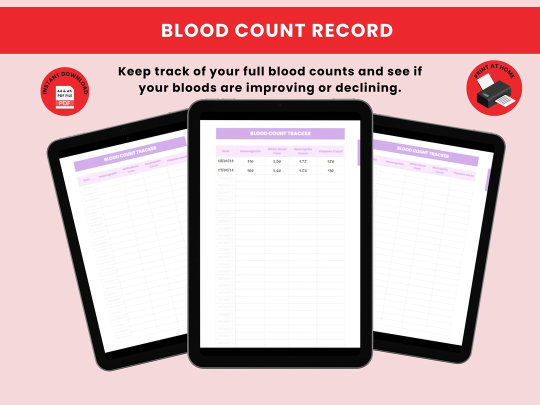 Blood Count Tracker digital PDF Blood Count Test blood Test Record ...