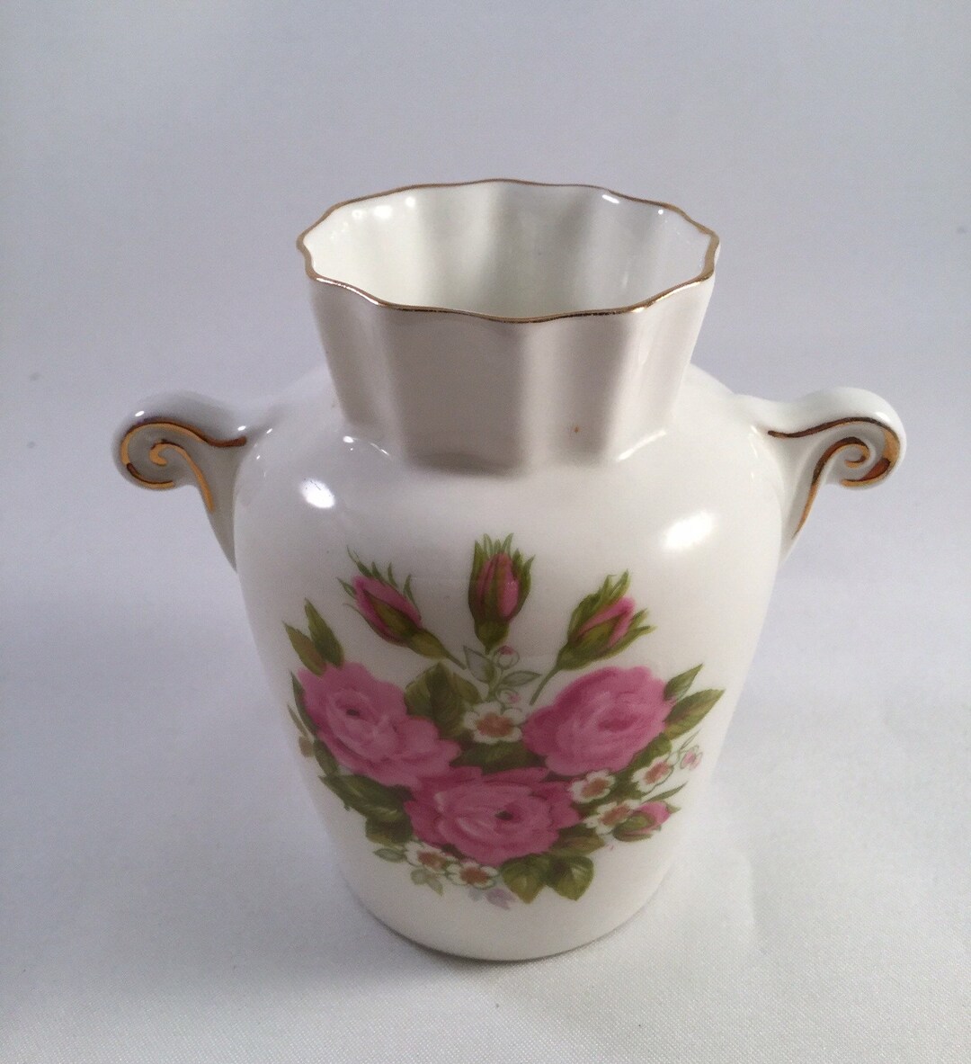 Vintage Lady Eleanor Fine Bone China White Flower Vase With Pink Roses ...