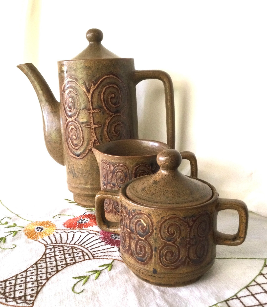 Vintage Retro Stoneware Pottery Coffee Set Pot Creamer and - Etsy