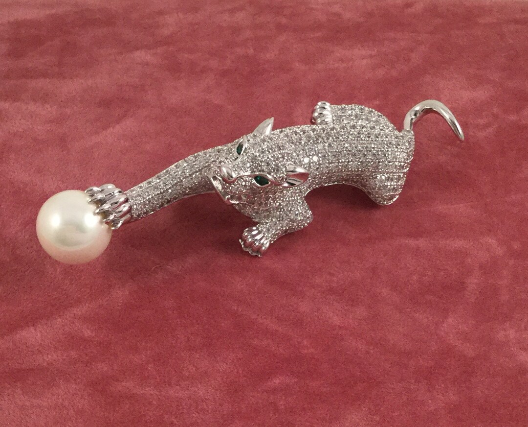 Vintage Jewelry Silver Crystal Panther Leopard Tiger Pearl Brooch ...