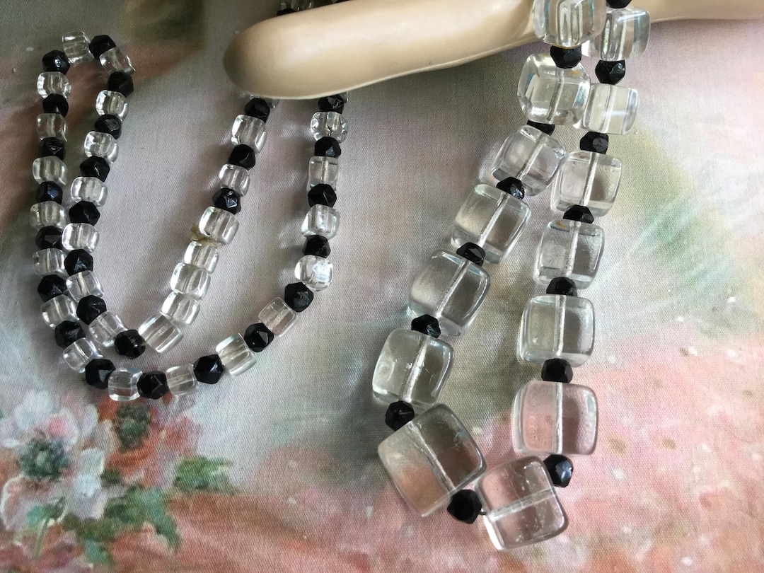 Necklace Antique Victorian Vintage Clear Glass Crystal Cube and Jet ...