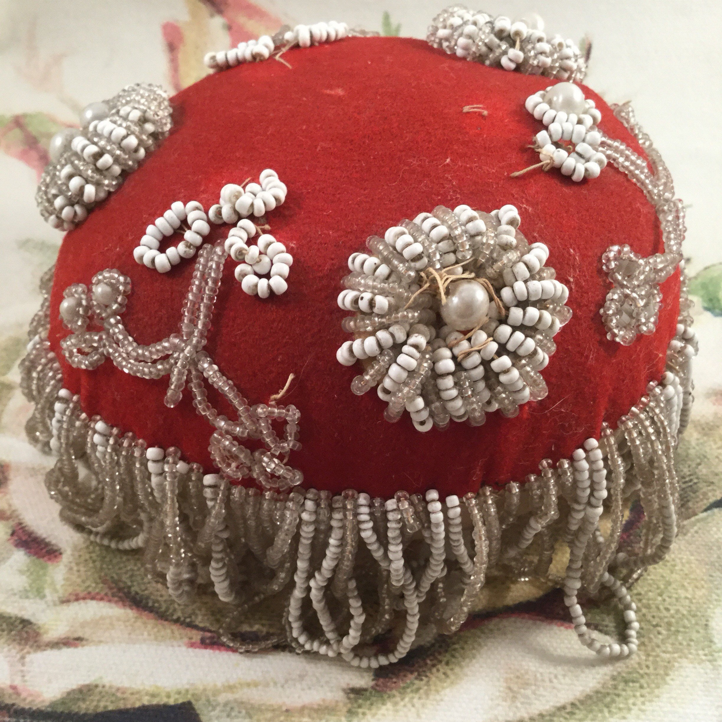 Antique Victorian Vintage Large Beaded Sewing Pin Cushion With Pearl ...
