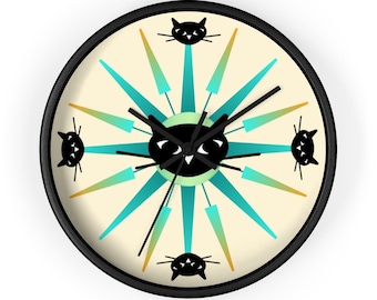 Atomic Black Cat and Starburst Wall Clock, Mid Century Modern, MCM ...