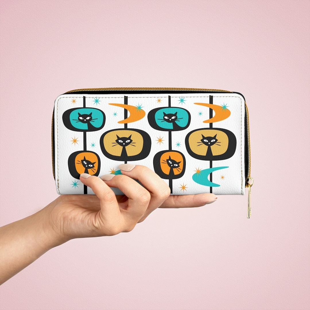 Retro Atomic Black Cat Wallet Zippered Cat Lover Wallet MCM Wallet Mid ...
