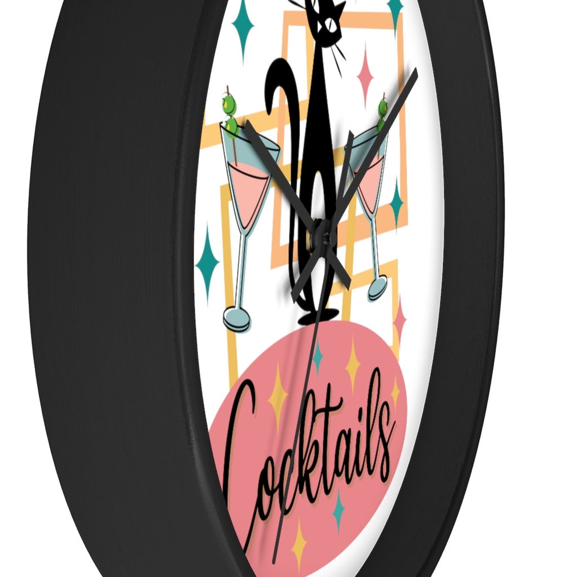 Retro Atomic Black Cat Cocktails Wall Clock, Atomic Wall Clock, Black ...