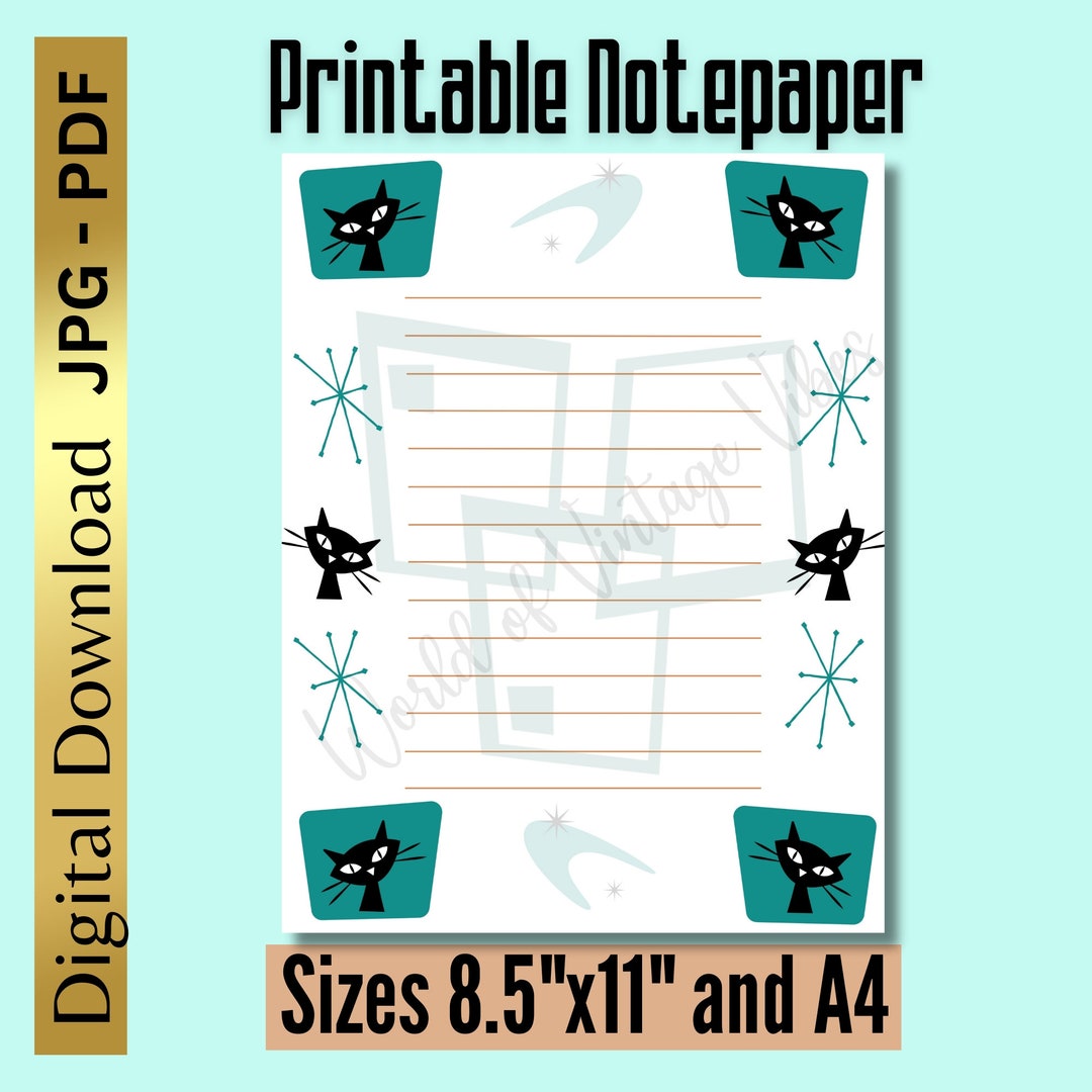 Digital Download Printable Atomic Cat Notepaper Retro Black Cat ...