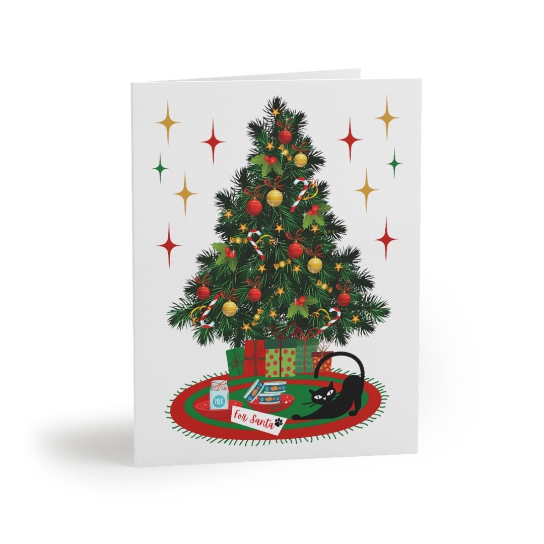 Retro Atomic Cat Christmas Cards, MCM Christmas Greeting Cards, Black ...
