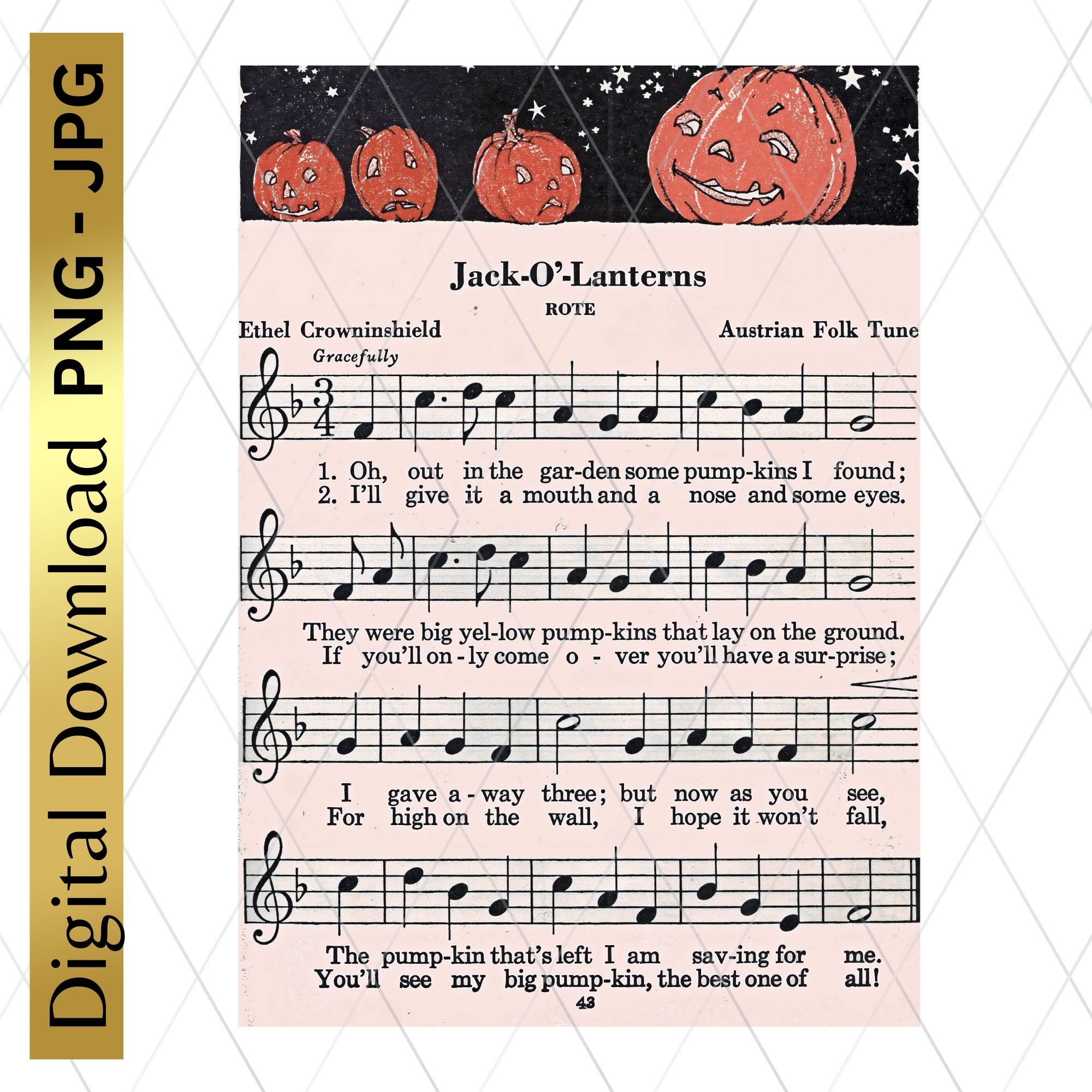 Digital Download Printable Halloween Sheet Music Retro Pumpkin PNG ...