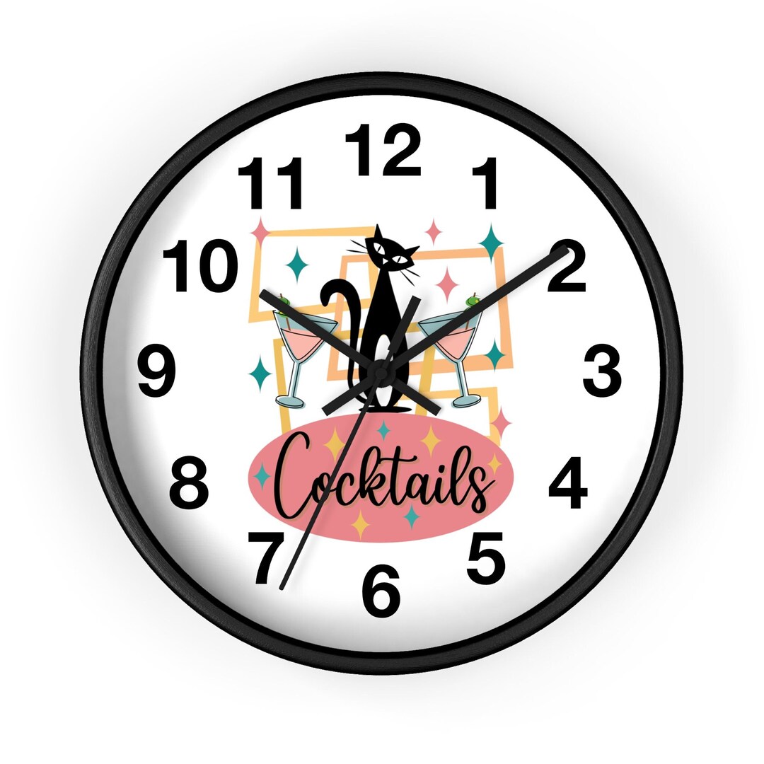 Retro Atomic Black Cat Cocktails Wall Clock Atomic MCM Clock 1950's ...