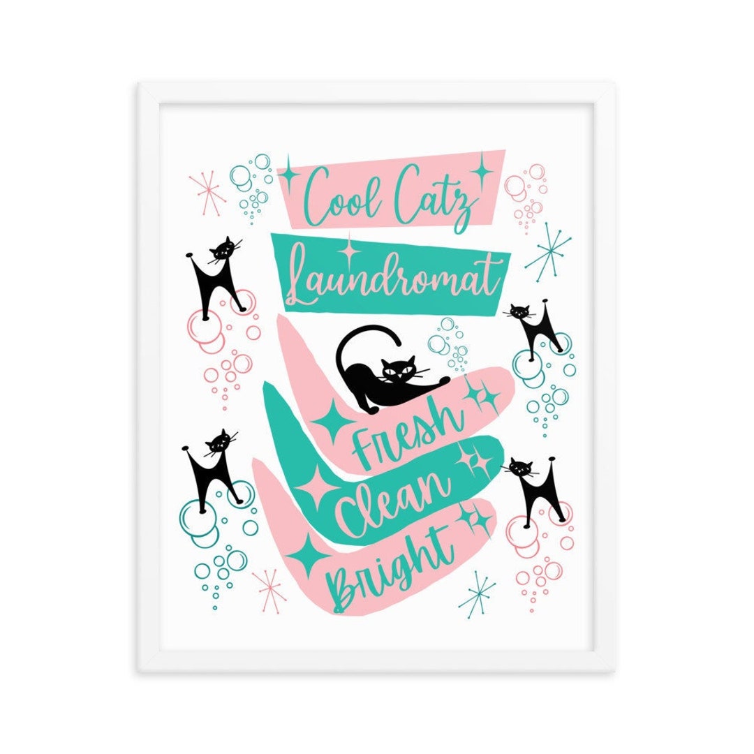 Laundry Room Cat Wall Art, Retro Atomic Black Cat Art Print, MCM Home ...