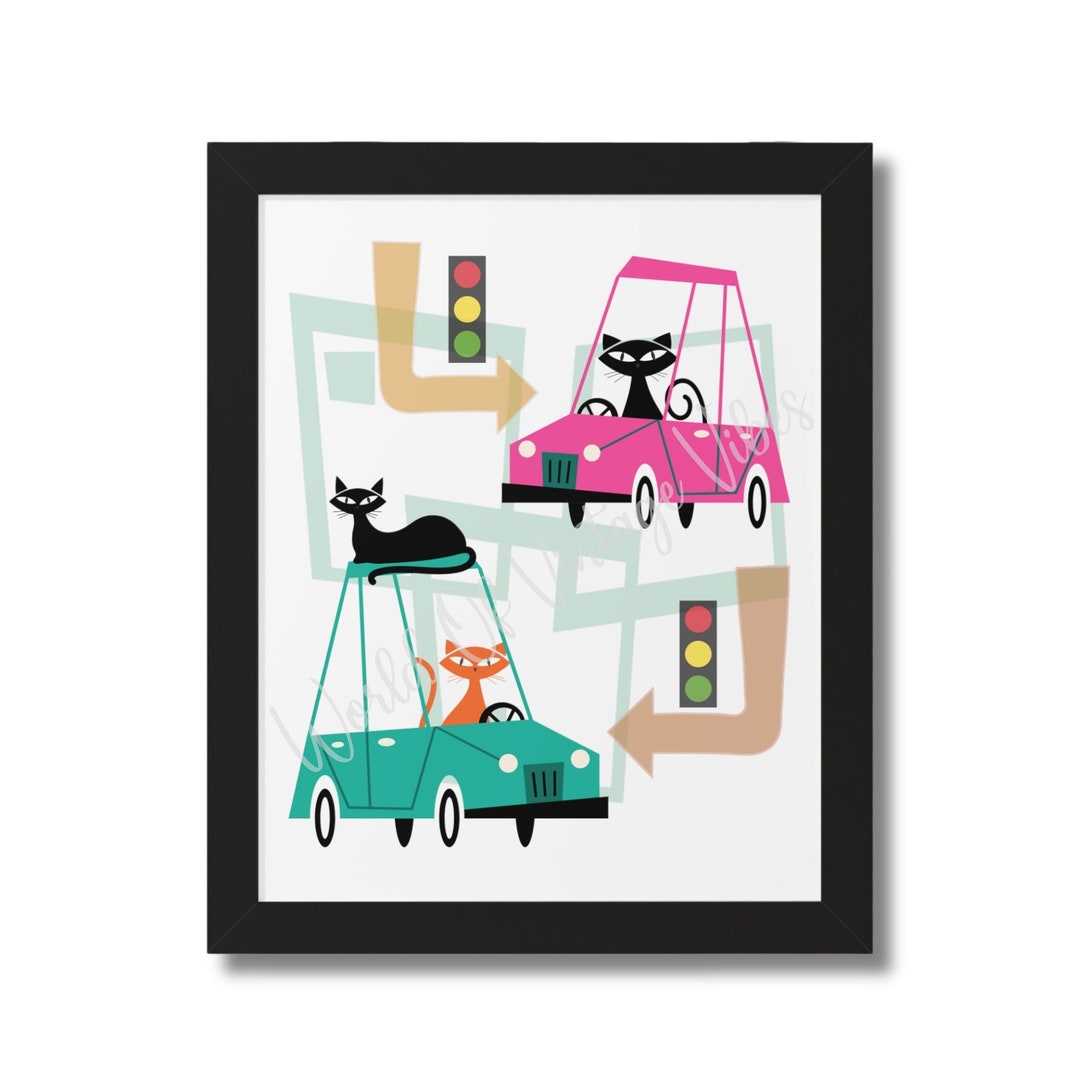 Retro Atomic Black Cat Art Print Atomic Age Orange Tabby Cat Wall Art ...