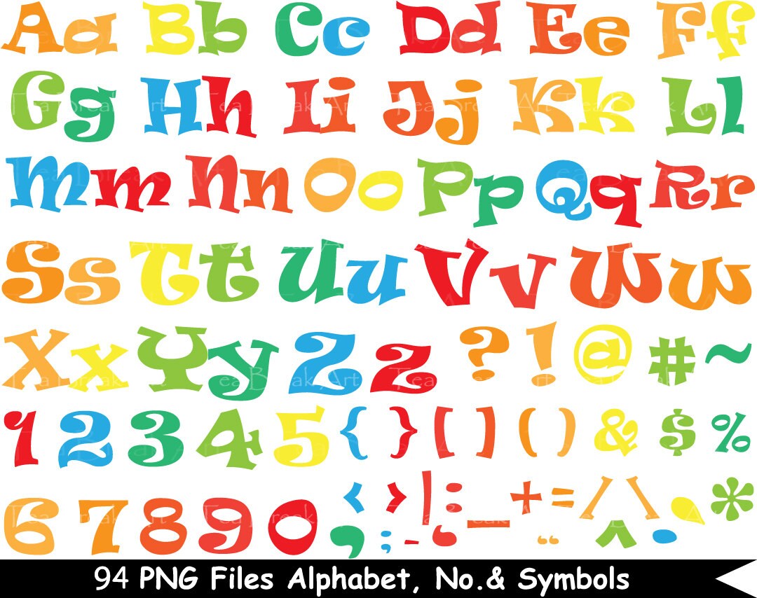 94 PNG Files Colorful Alphabet Numbers & Symbols Digital Clip - Etsy