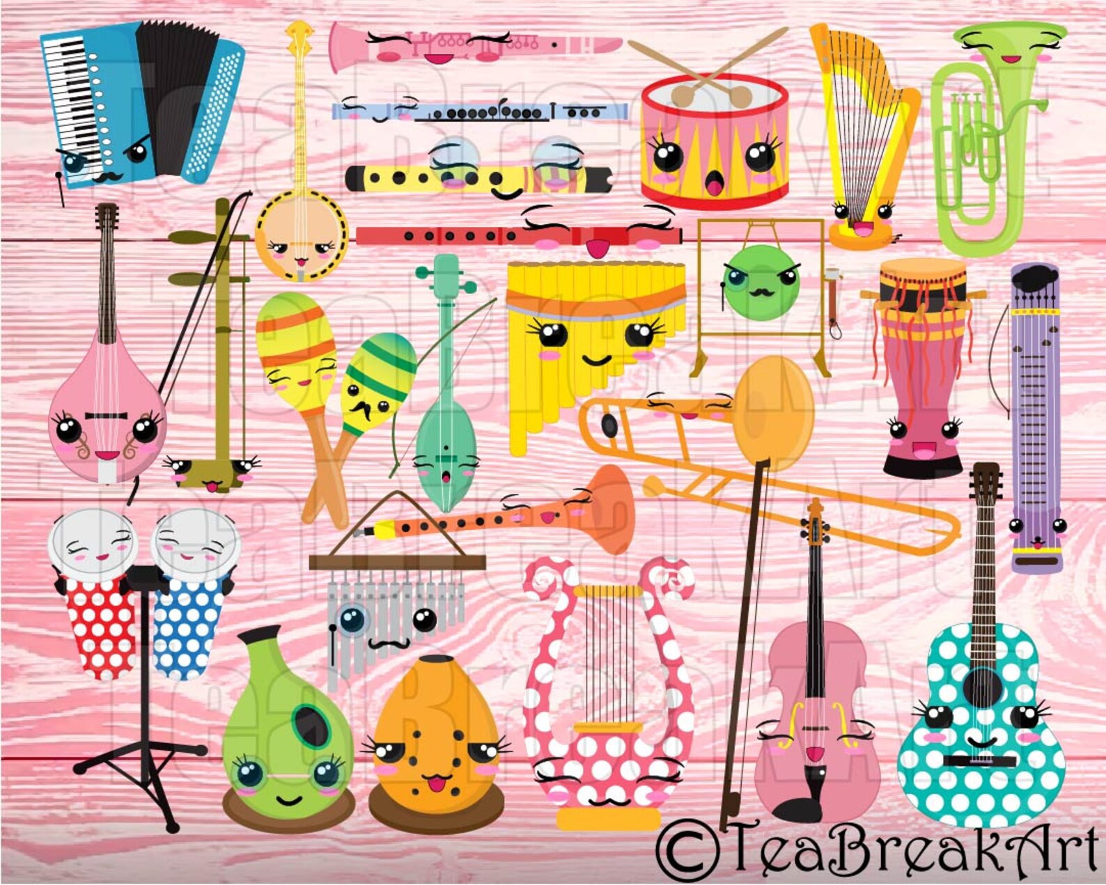 Kawaii Musical Instruments Clipart Digital Clip Art Graphics - Etsy