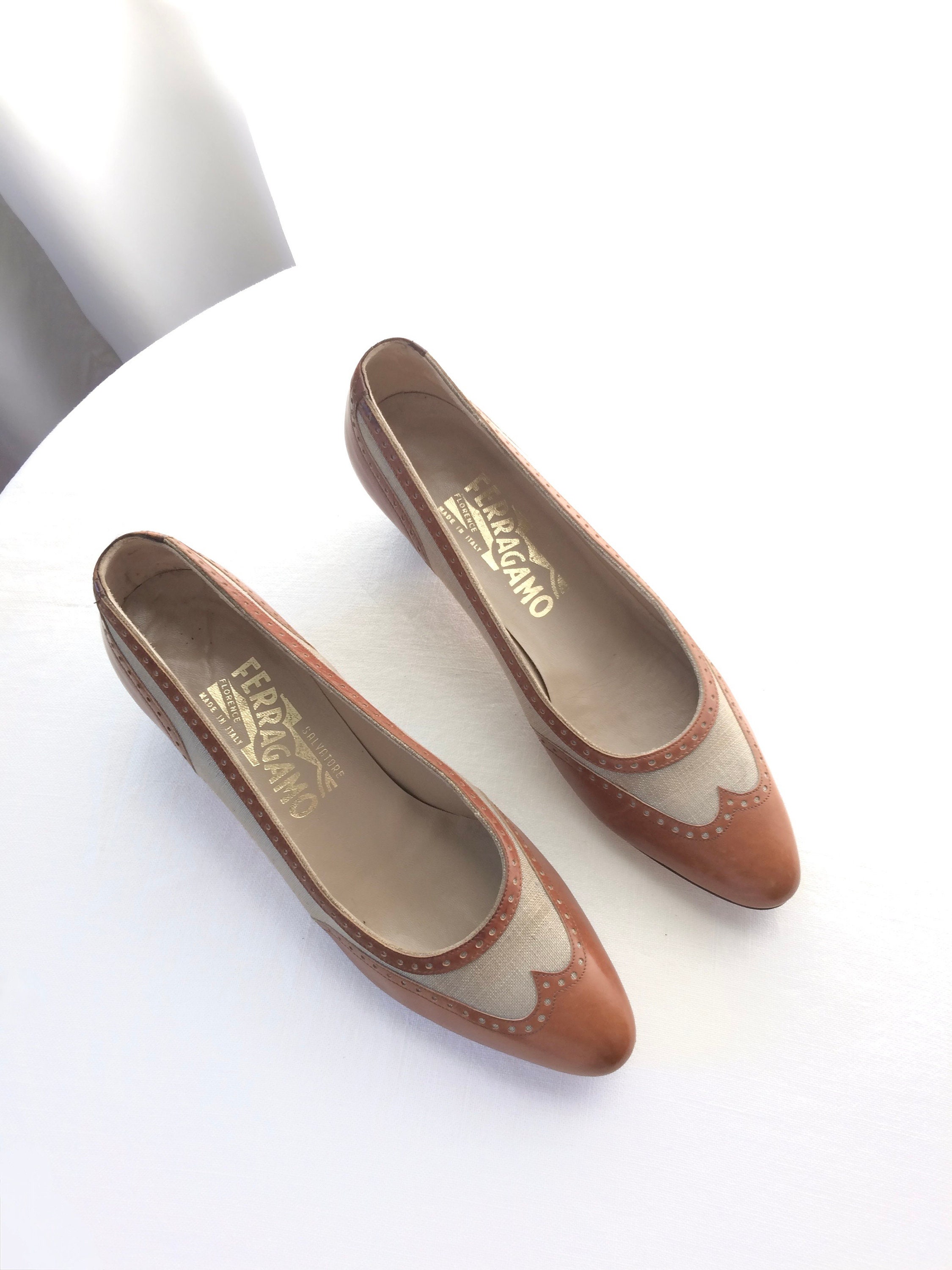 Vintage Ferragamo Pumps, Leather Spectator Pumps With Linen, Low Heeled ...