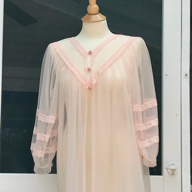 See Through Vintage Negligee Robe Pink Chiffon Lace Dressing - Etsy