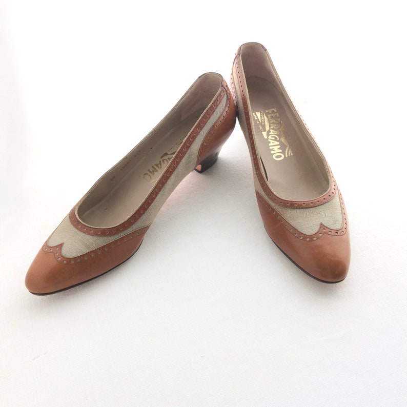 Vintage Ferragamo Pumps Leather Spectator Pumps With Linen - Etsy