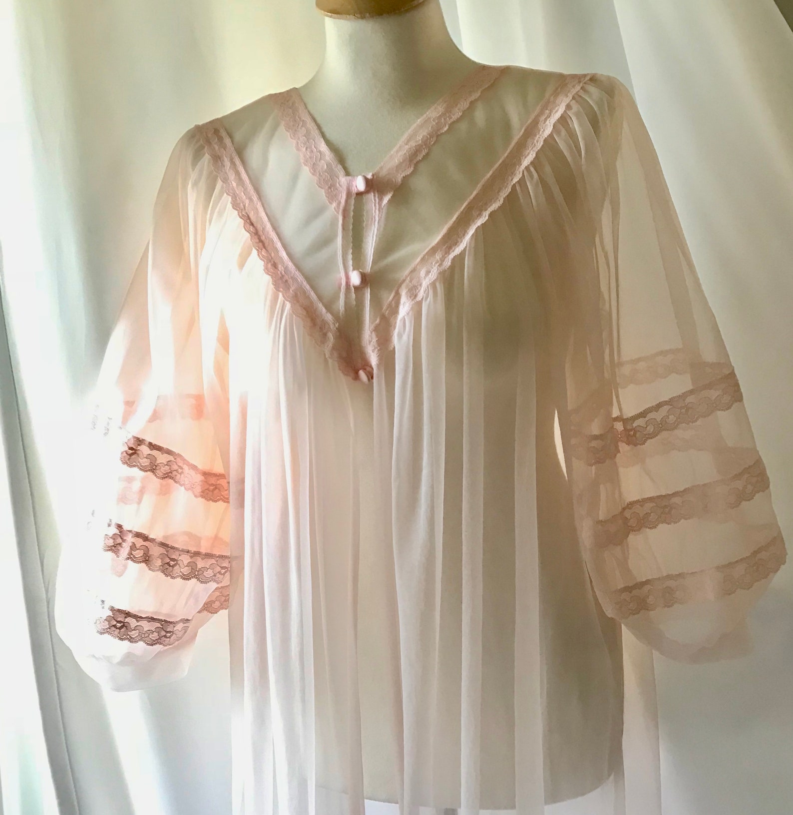 See Through Vintage Negligee Robe, Pink Chiffon Lace Dressing Gown Old ...