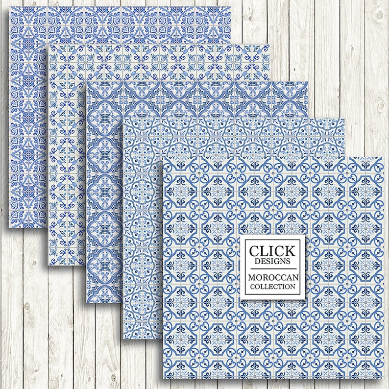Moroccan Digital Paper: BLUE MOROCCAN Tiles Retro - Etsy New Zealand