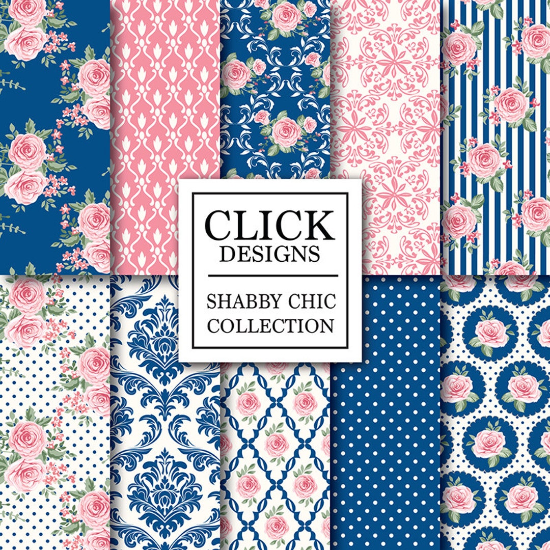 Shabby Chic Digital Paper: shabby PINK Blue Floral Background, With ...