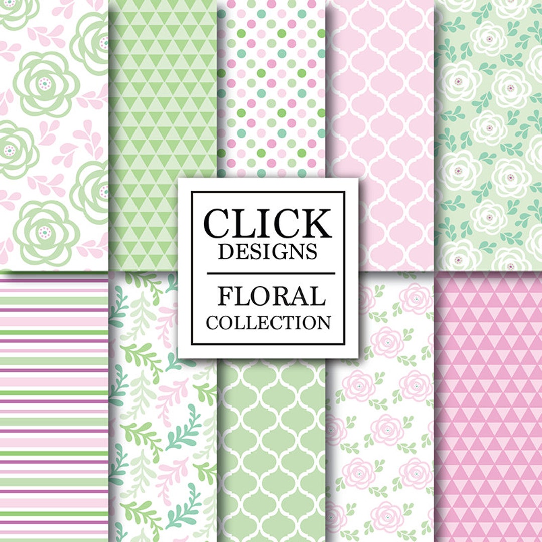 Floral Digital Paper: floral PINK Green Floral Wedding, Girl's ...