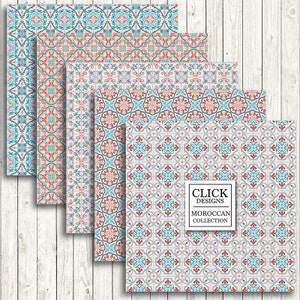 Moroccan Digital Paper: red BLUE Moroccan Retro Seamless Mosaic ...