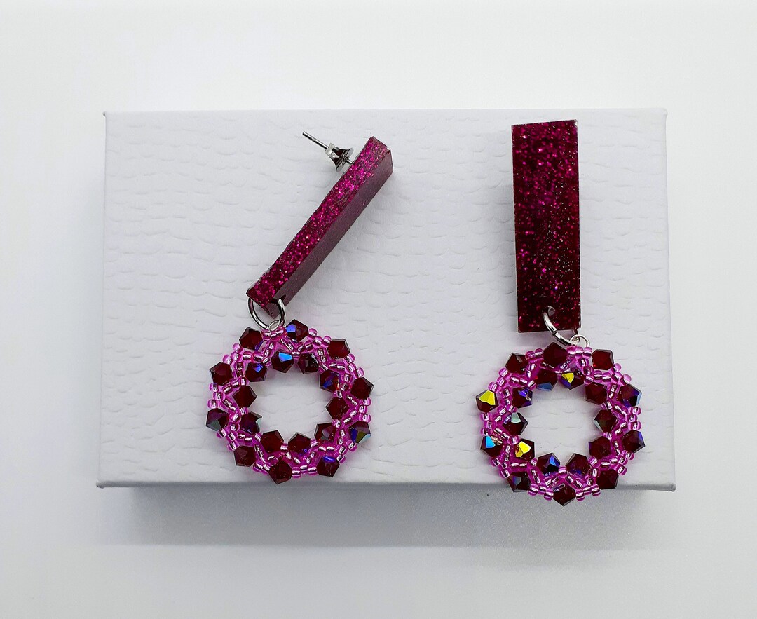 Earrings - Red Raspberry Beaded Crystal Hoop Disc Earrings With Linear ...