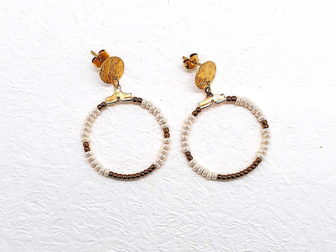 Petite Beaded Hoops in Cream/ Beige and Gold- Versatile Small/ Med 1 1 ...
