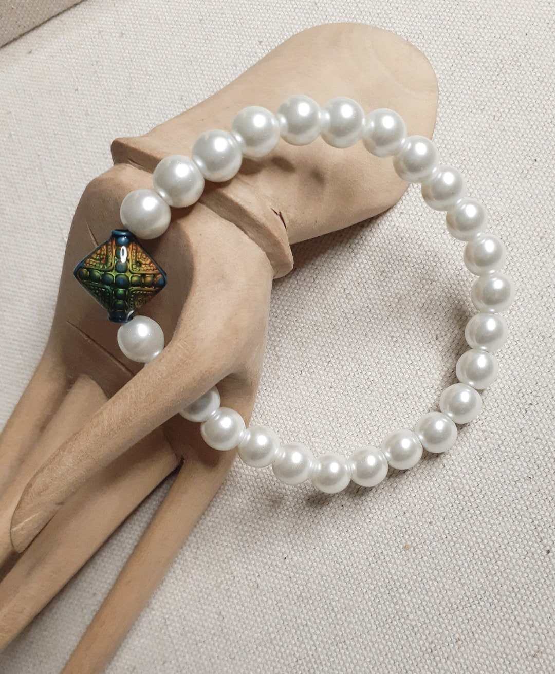 Mood Bead White Glass Pearl Stretch Bracelet- Spiritual Emotional ...