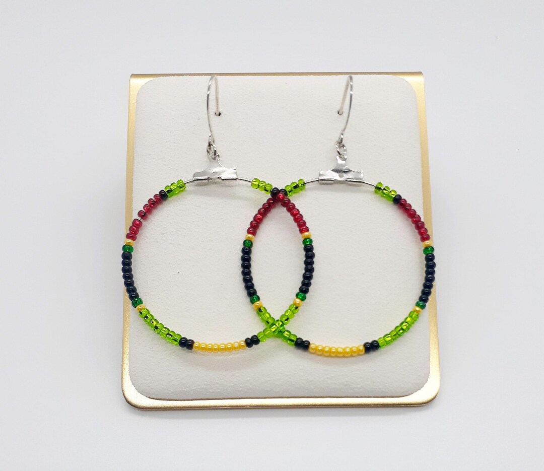 Beaded Color Block Hoop Earrings – Pan African, Jamaican, Kwanzaa ...