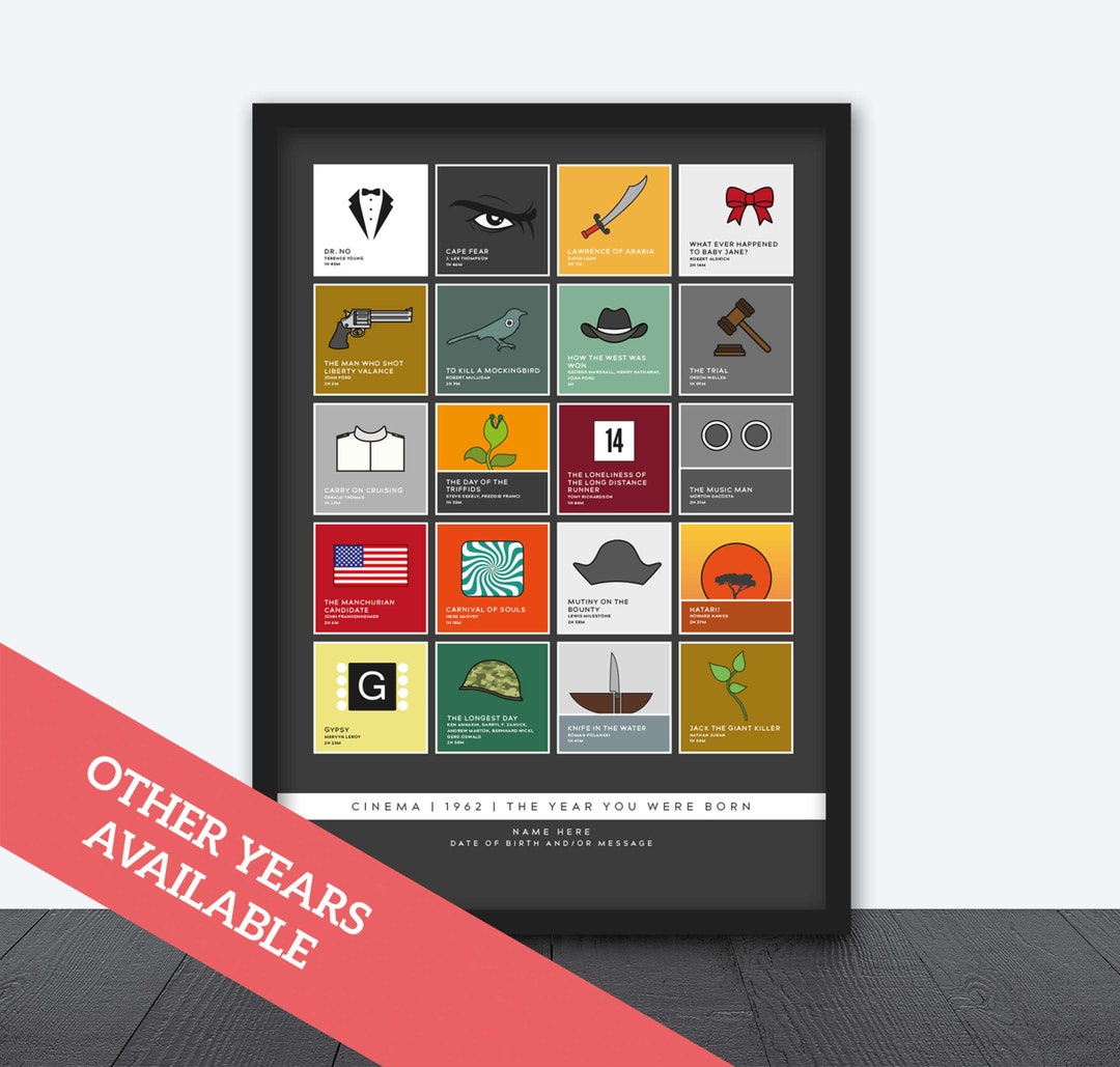 1962 Cinema Birthday Poster: Personalized Film Year Print - Etsy